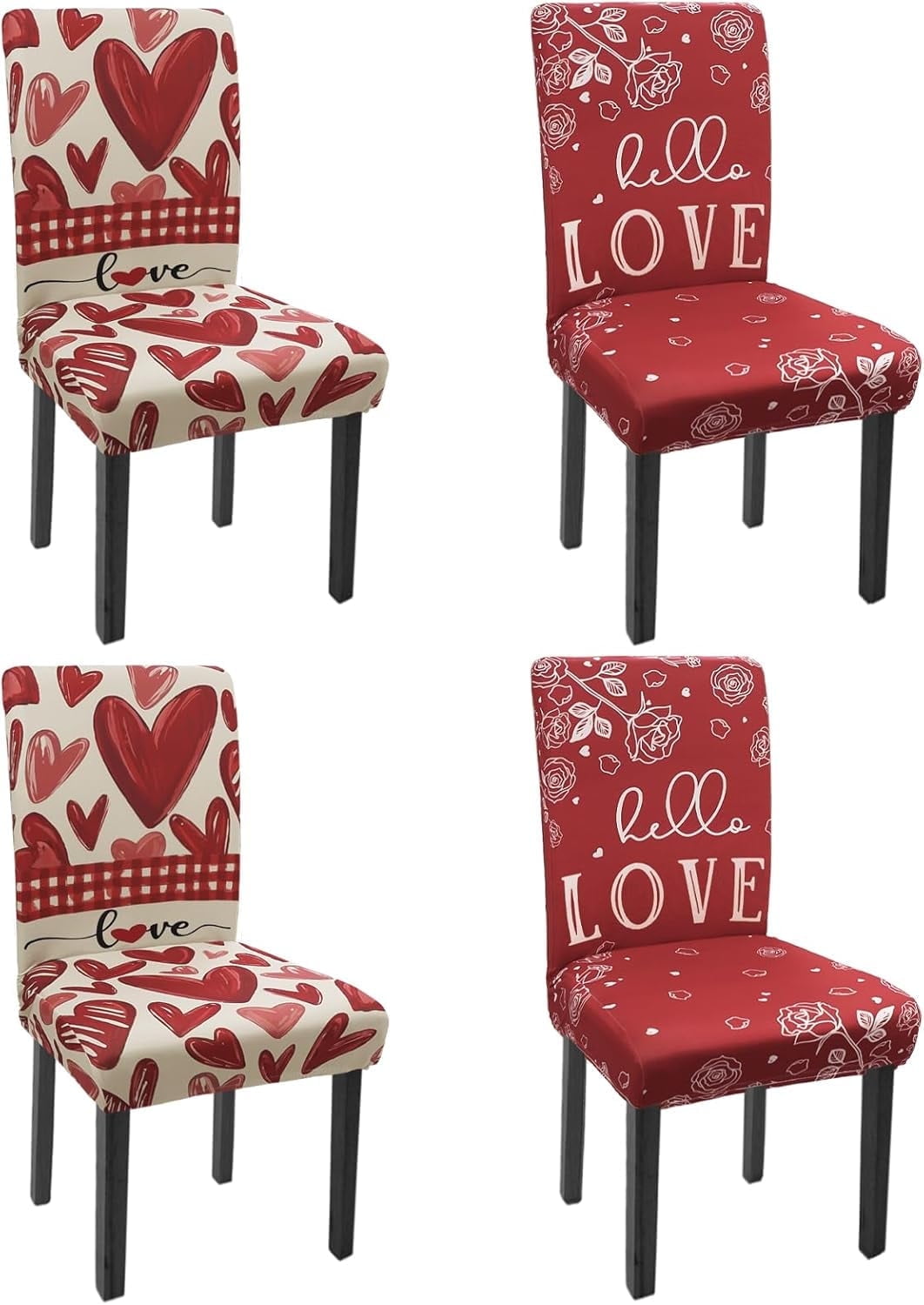 Valentines Day Chair Covers Set of 4 Watercolor Love Heart Rose Stretch ...