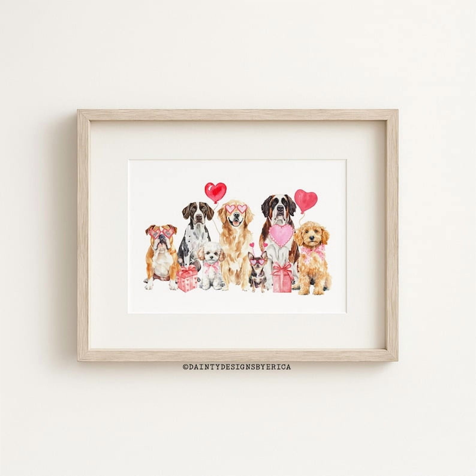 Valentines Day Dogs Print, Dogs painting, Cute Valentines Day Wall Art ...