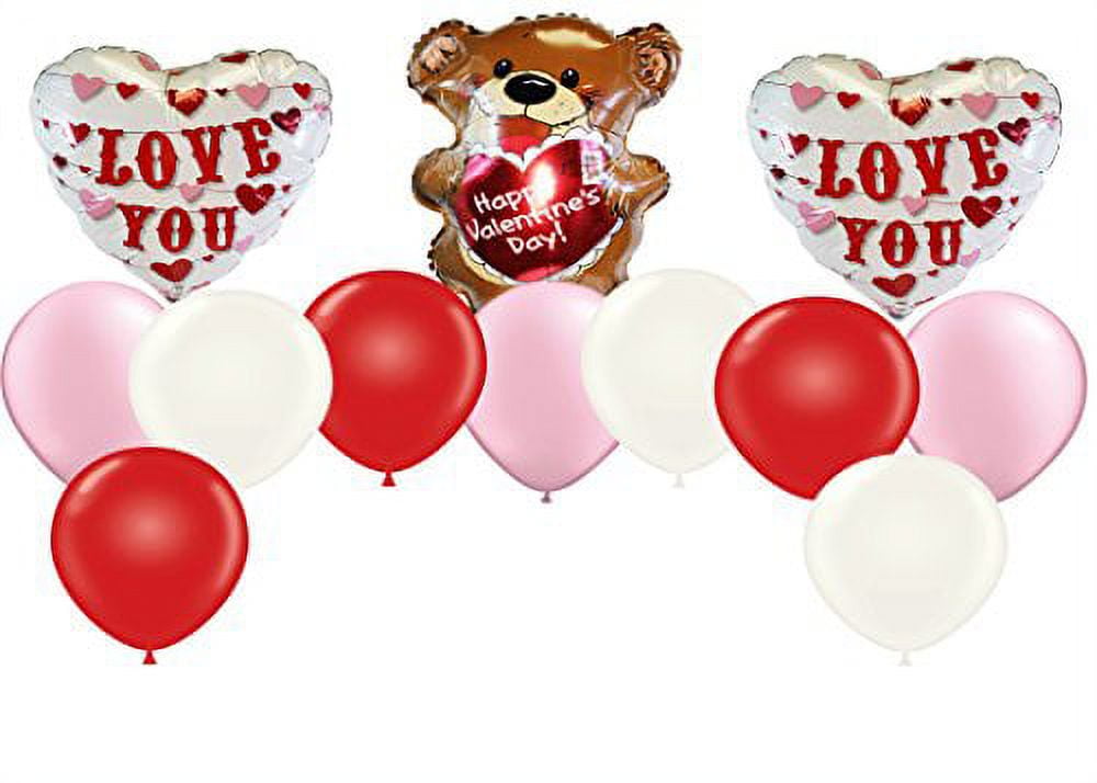 Valentines Day Dozen Balloon Bouquet With Huge Teddy Bear Balloon ...