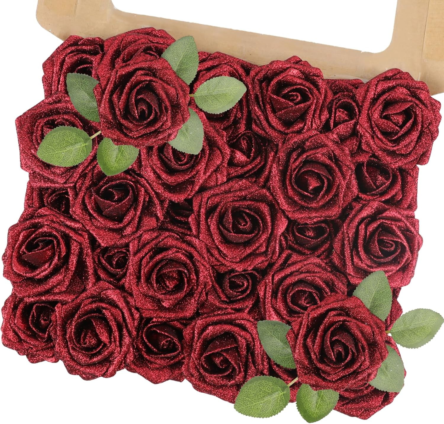 Valentines Day Flowers 30PCS Artificial Glitter Roses Real Touch Red Flowers with Stem Foam ...