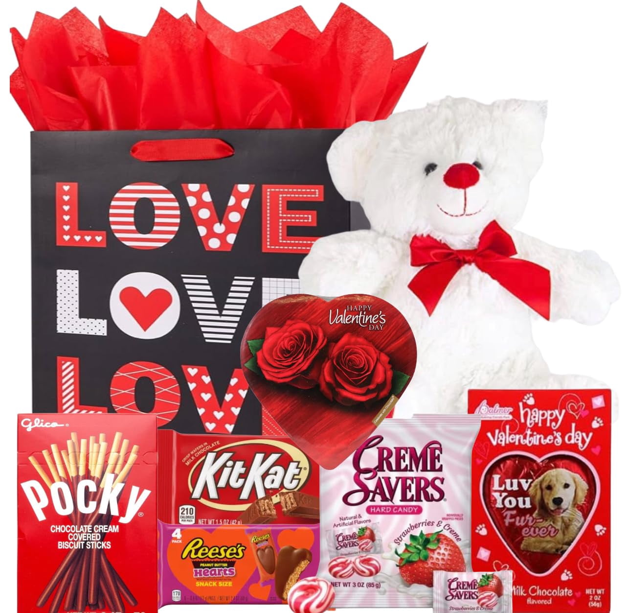 Valentines Day Gift Basket Set | Teddy Bear Plush (RED OR WHITE), Heart ...