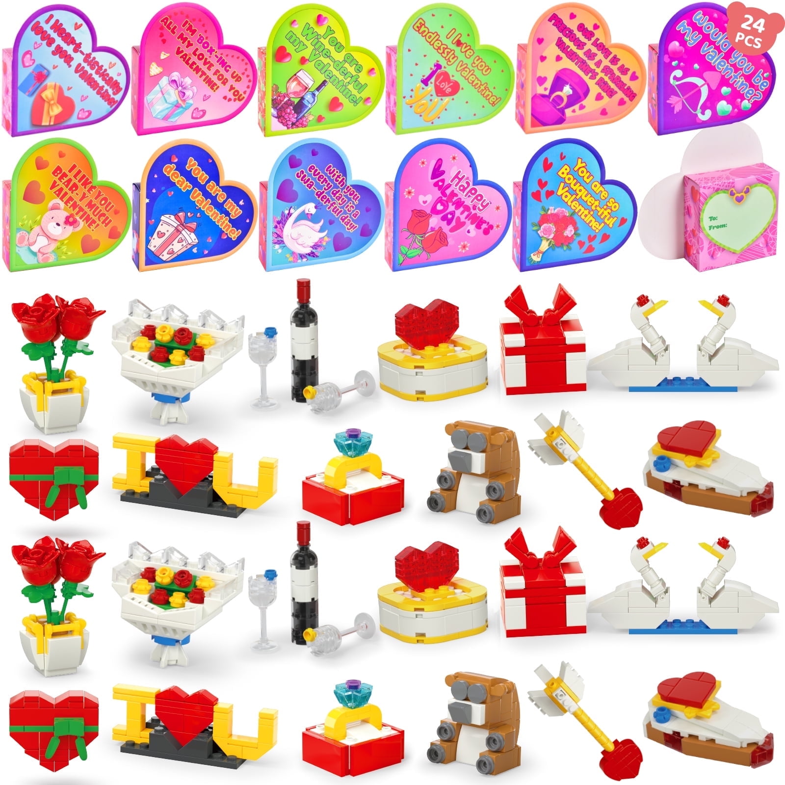 Fun Little Toys 24Pcs Valentine's Day Building Blocks with Heart Box ...