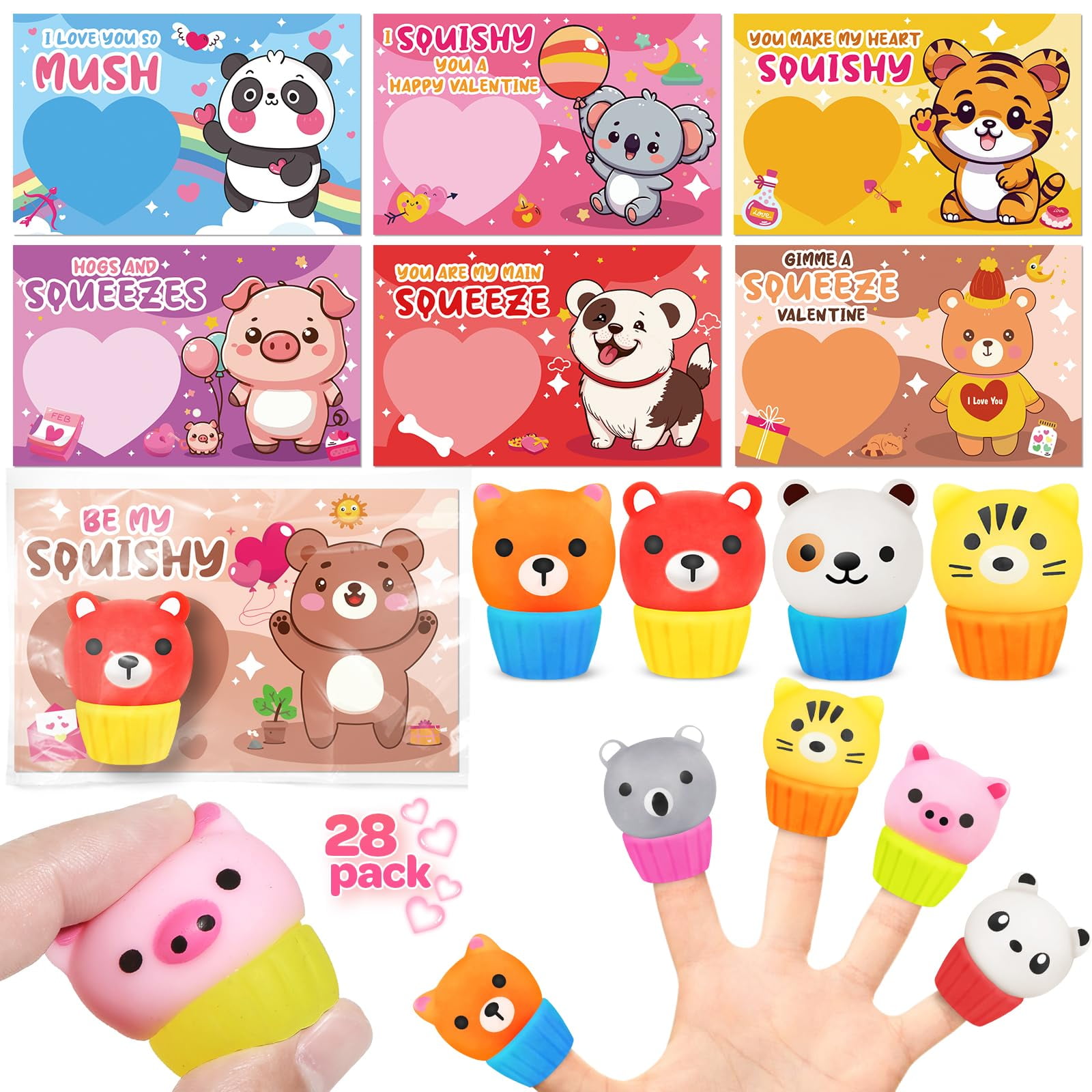 Valentines Day Gifts Cards for Kids, 28 Pack Animals Squeeze Toys with ...