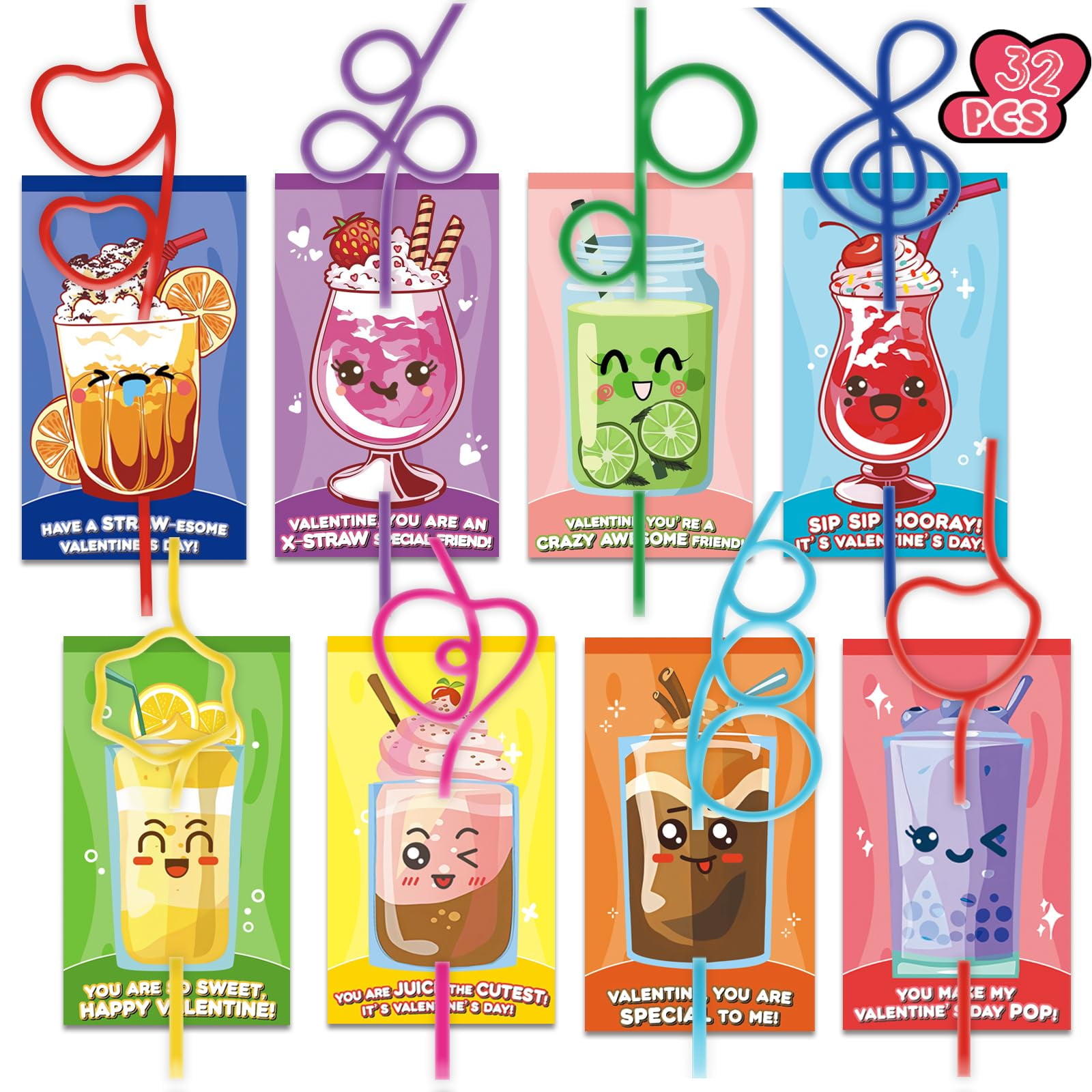 Valentines Day Gifts for Kids Classroom - 32 PACK Loop Reusable Drinking Straws with with Unique ...