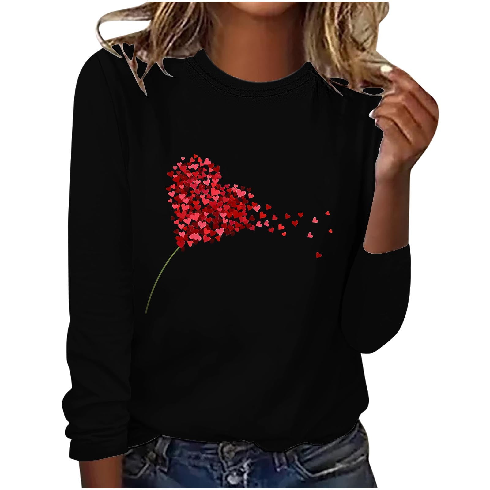 Valentines Day Long Sleeve Shirts for Womens Cute Heart Print Basic Tee Classic Crewneck Blouse ...