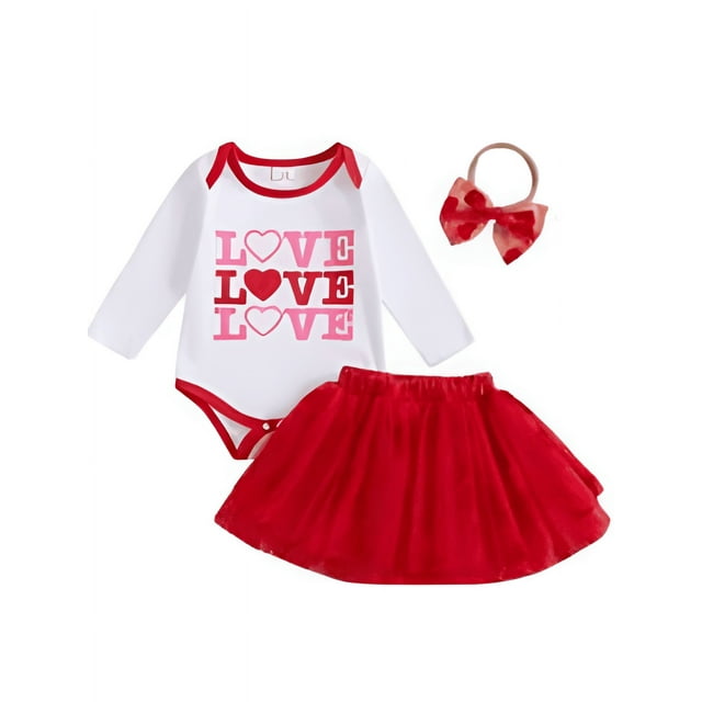 Valentines Day Outfit Baby Girl Lover Themed Letter Embroider Long Sleeve Romper Top Skirt 2pc ...