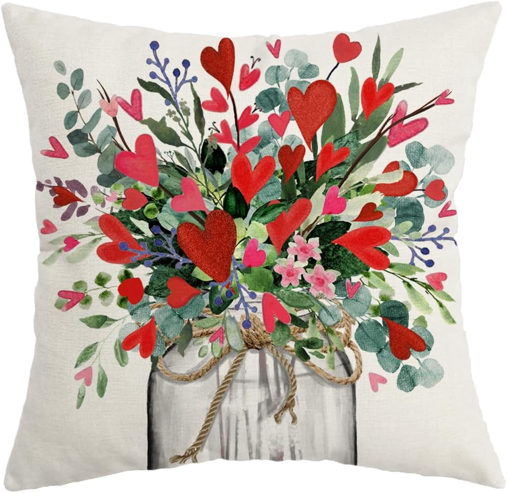 Valentines Day Pillow Cover 20X20 Inch Vase Heart Floral Decor Holiday ...