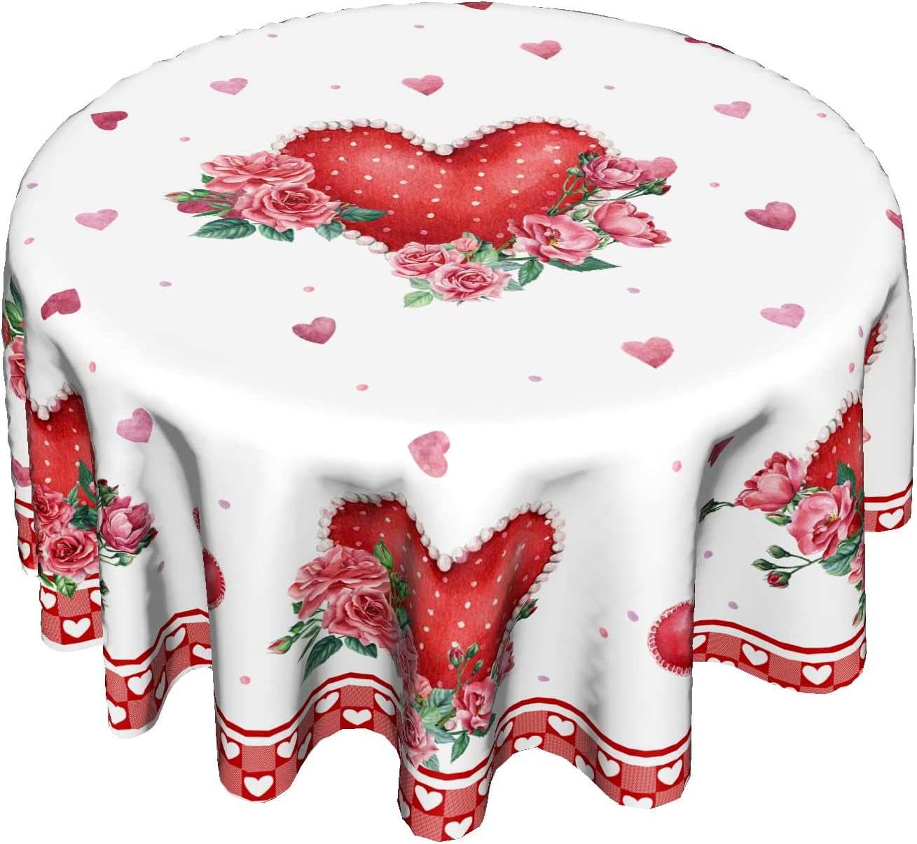 Valentines Day Round Tablecloth 60 Inch, Red Pink Hearts Rose Flower ...