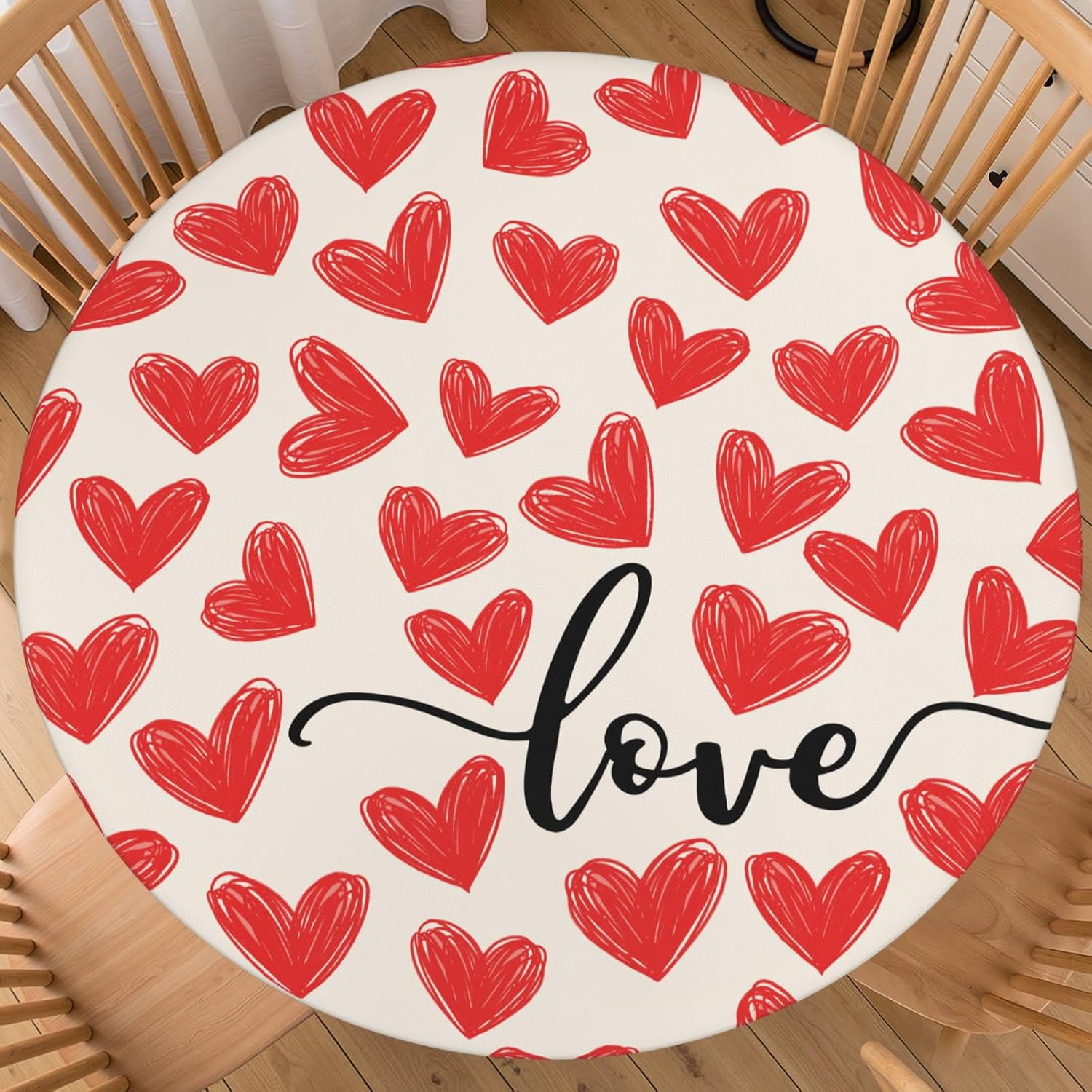 Valentines Day Round Tablecloth Fitted Best for 40"-44" Beige Red Heart ...