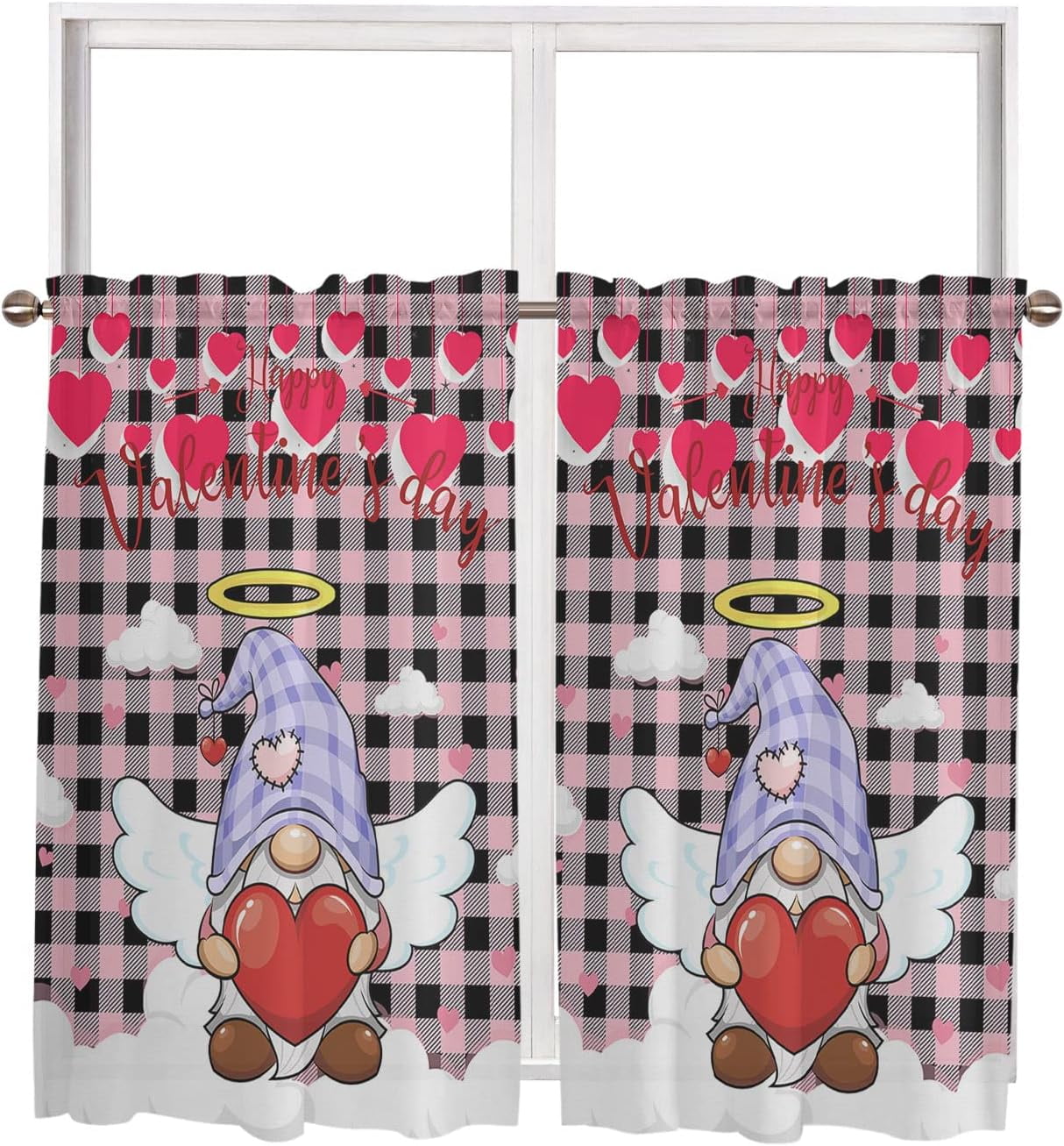 Valentines Day Sheer Tier Curtains 54 Inch Length, Cute Gnomes Pink ...