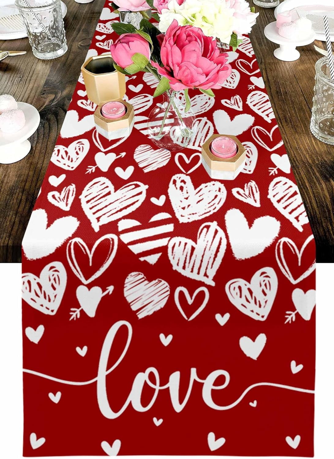 Valentines Day Table Runner - Love Cotton Linen Table Runners 120 ...