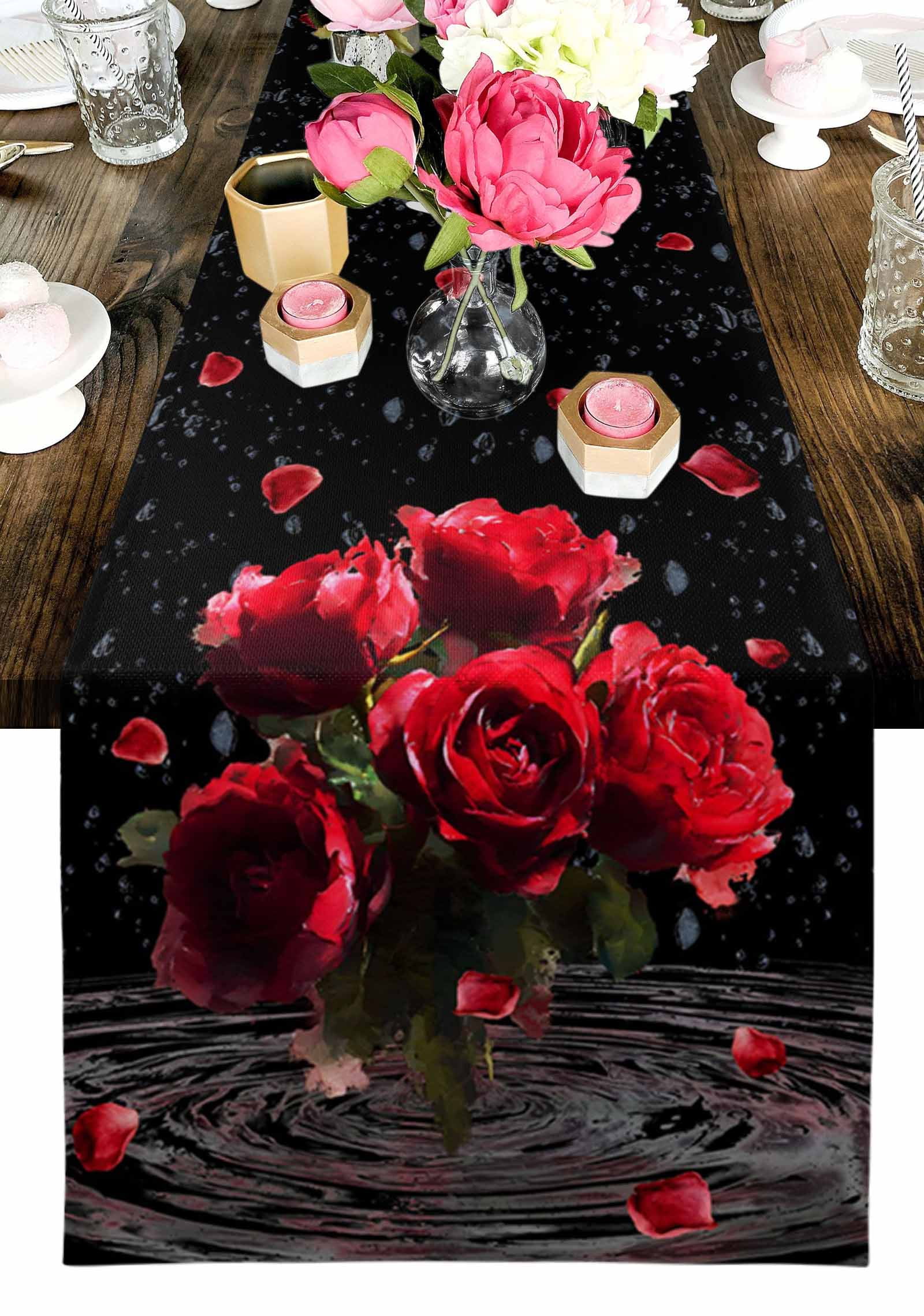 Valentines Day Table Runner, Rain Water Ripples Red Rose Floral Leaf ...
