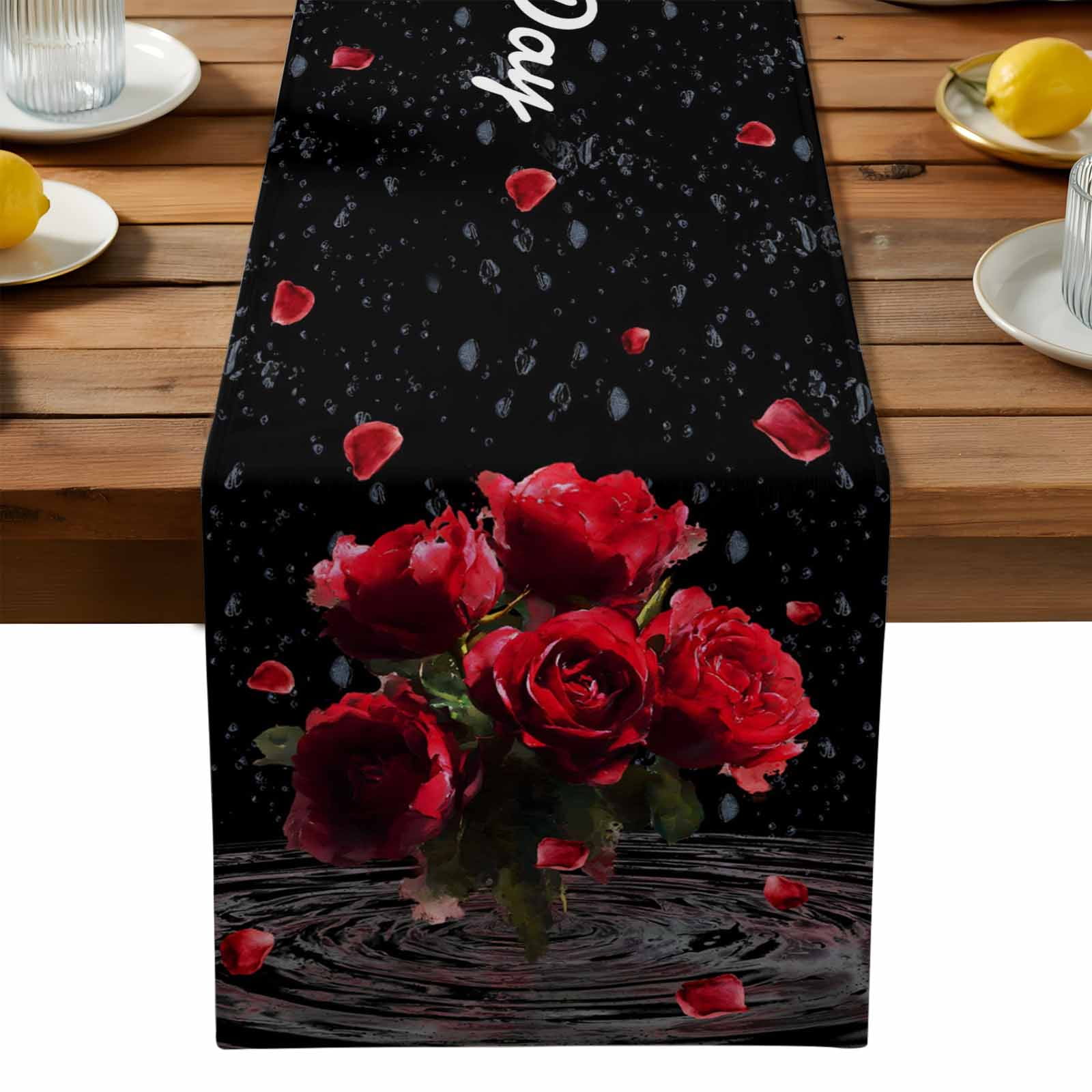 Valentines Day Table Runner, Rain Water Ripples Red Roses Floral Leaf ...