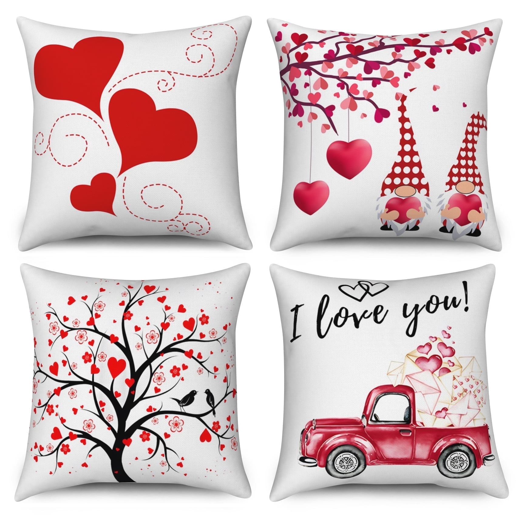 Valentines Day Throw Pillow Covers 18x18 Set of 4,Red Truck Hearts ...