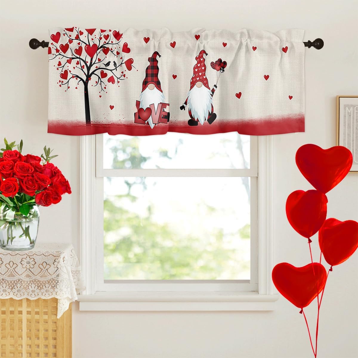 Valentines Day Valances Windows Curtain Gnomes Love Heart Valance Window Treatments Heart Tree ...