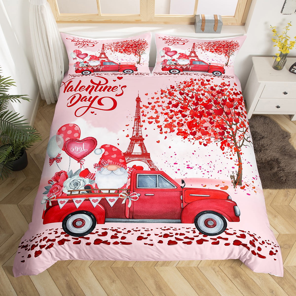 Valentines Duvet Cover King Size Red Gnome Truck Farmhouse Valentines ...