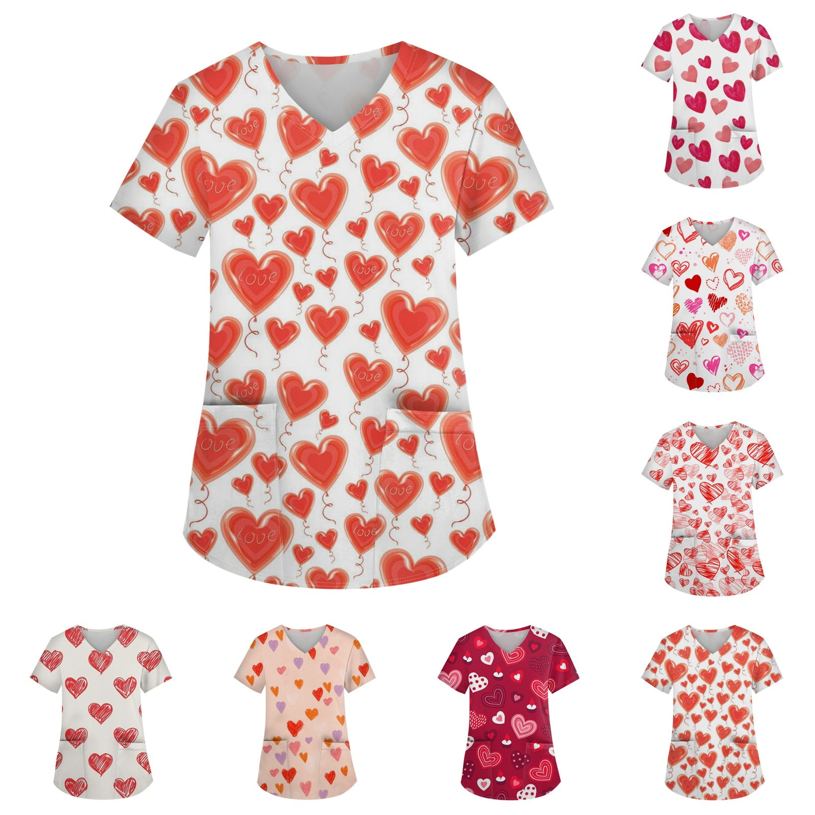 Valentines Holiday Scrub Tops for Women Short Sleeve V Neck Heart Print ...
