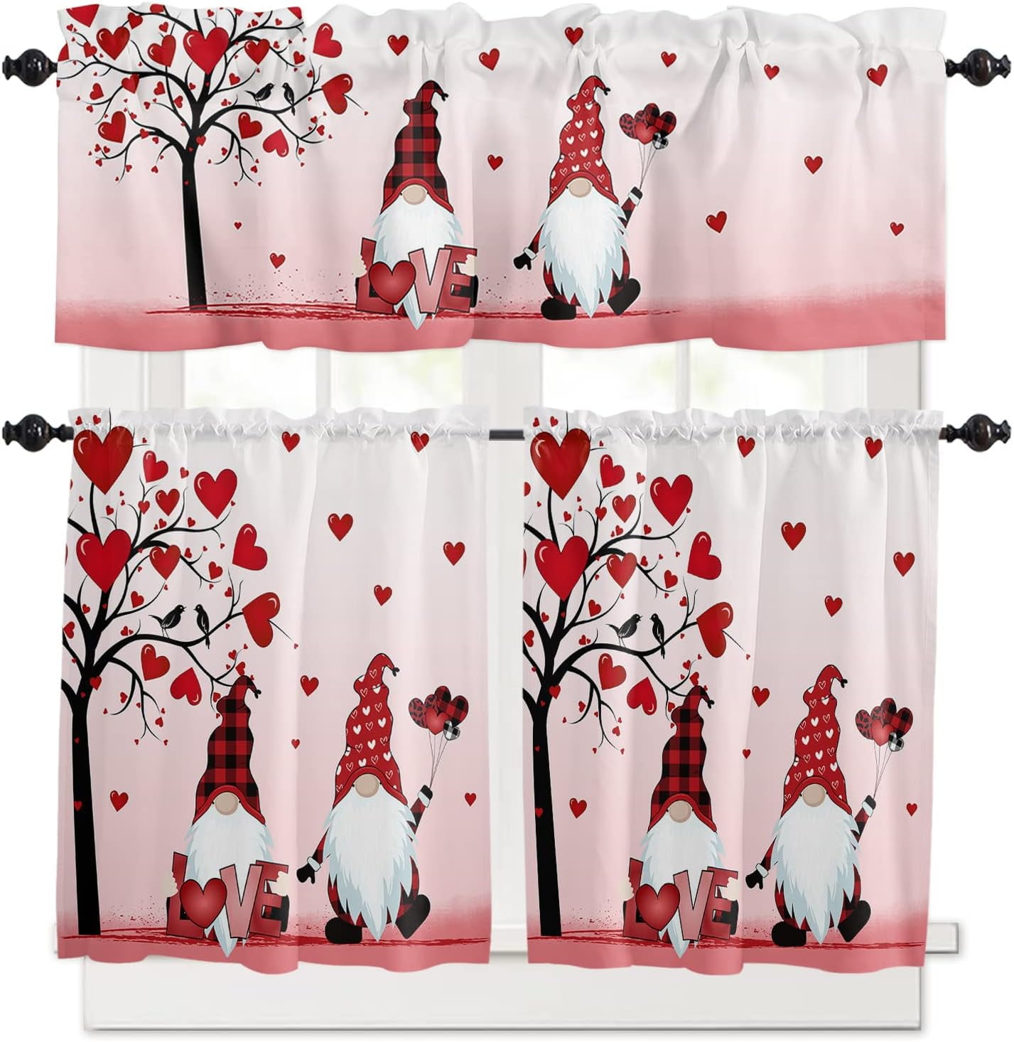Valentines Kitchen Curtain Set Gnome Rod Pocket Kitchen Tier Curtains ...