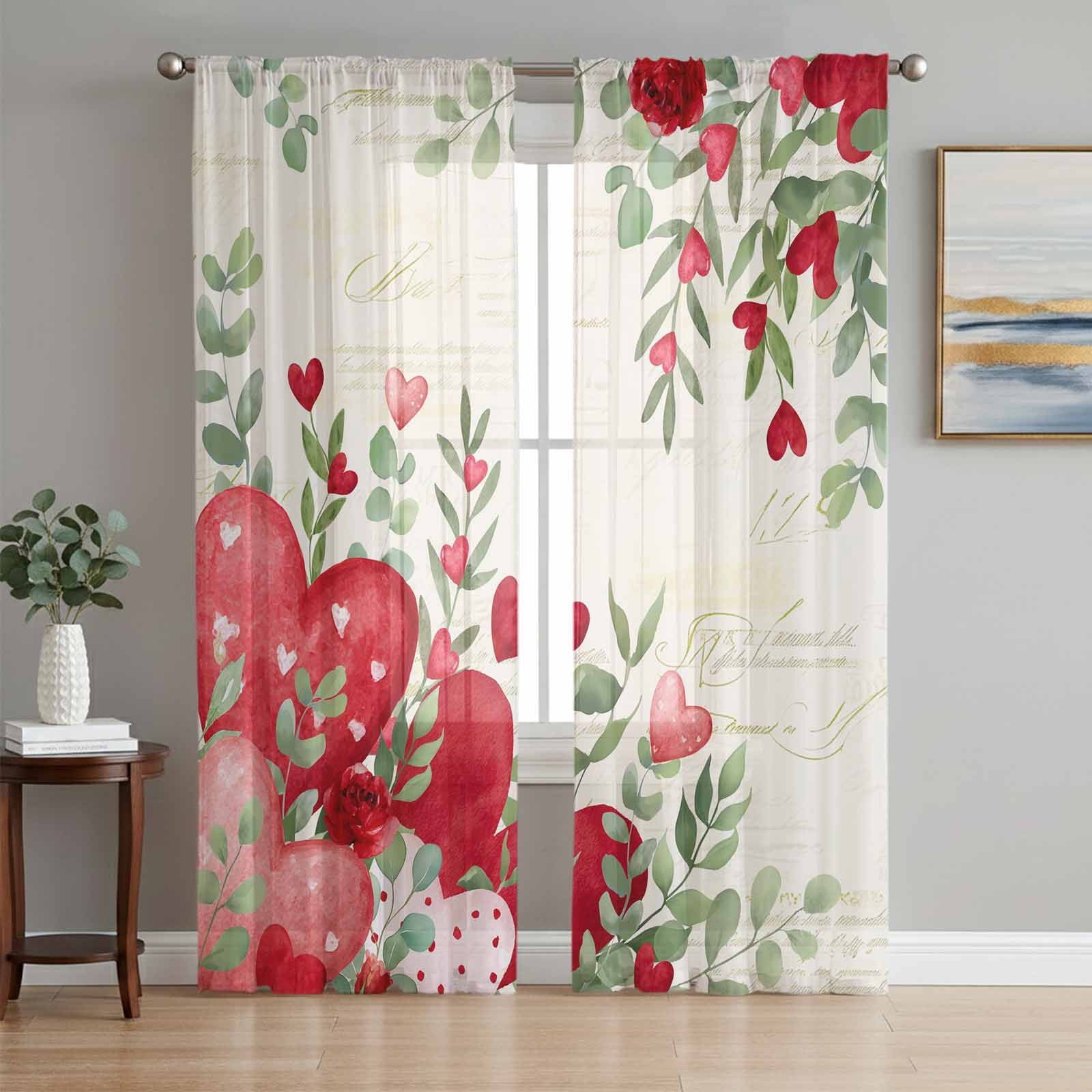 Valentines Love Heart Sheer Curtains 84 Inch Length 2 Panels Set, Red ...
