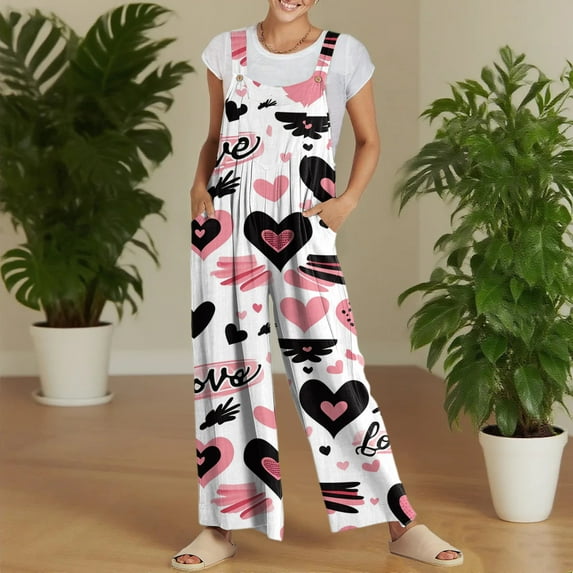 Valentines Onesie Overalls for Women Cute Heart Print Sleeveless ...