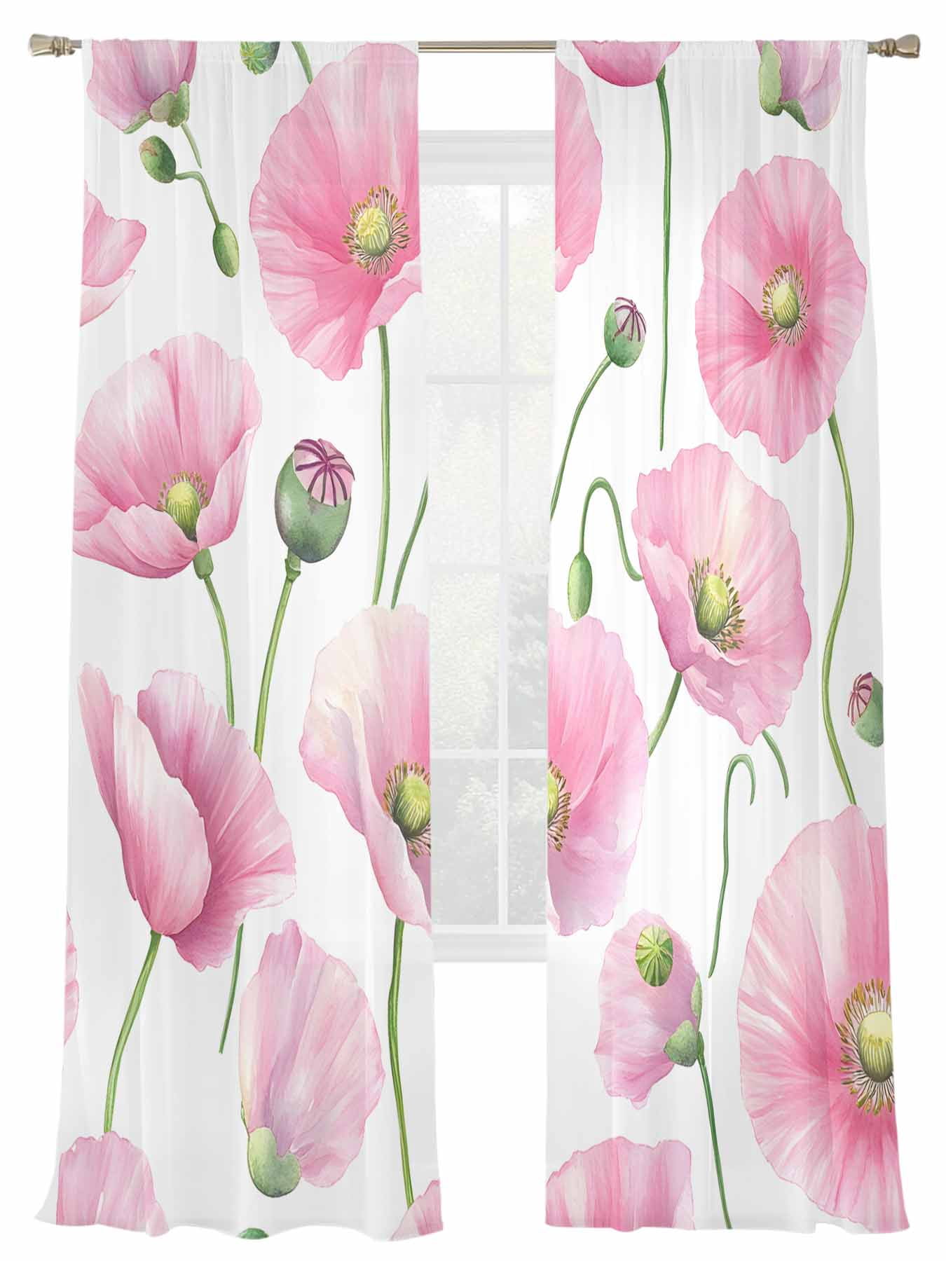 Valentines Sheer Curtains 2 Panels Set Pink Poppy Floral Leaf Botanical ...