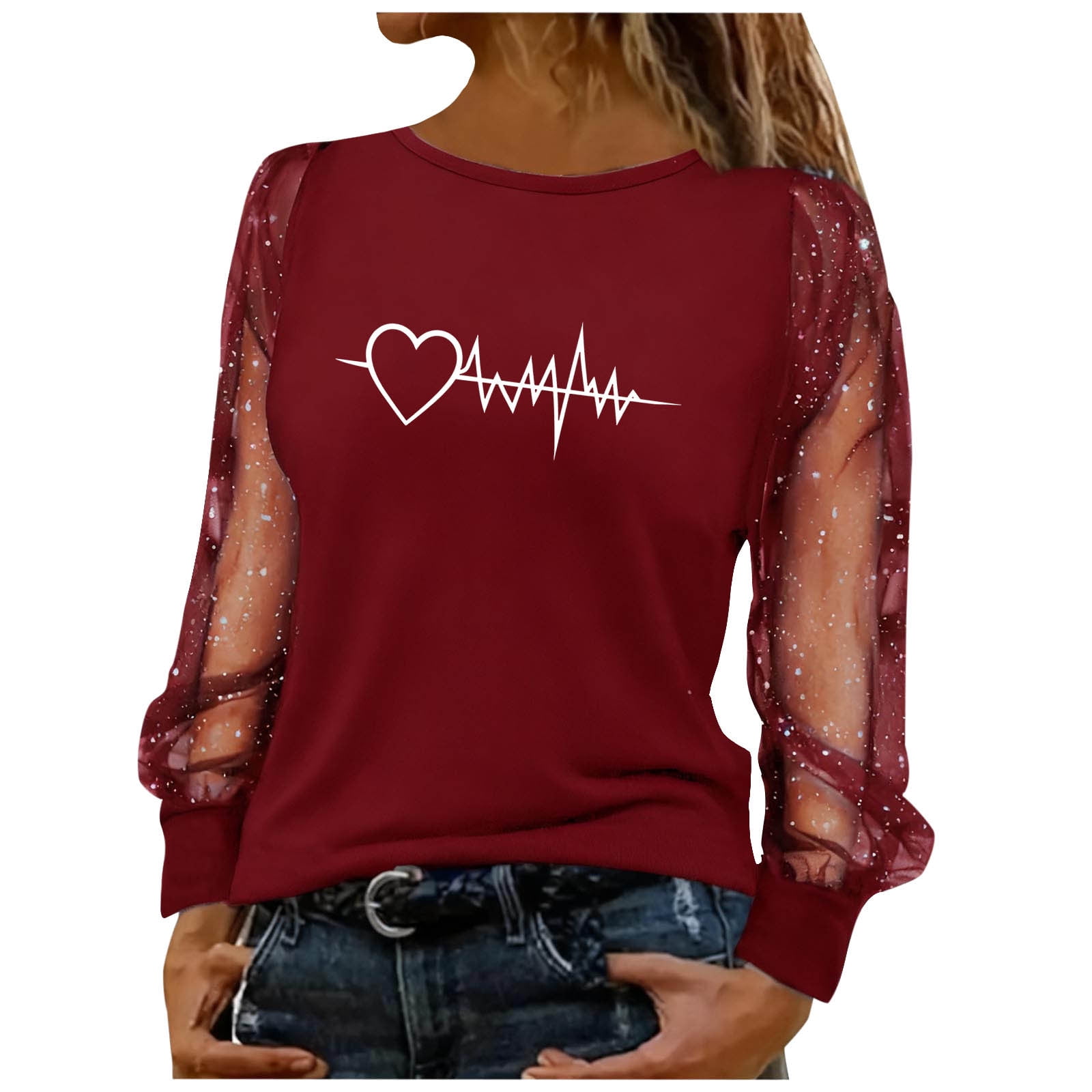 Valentines Shirts for Women Mesh Sequin Long Sleeve Love Heart Print ...