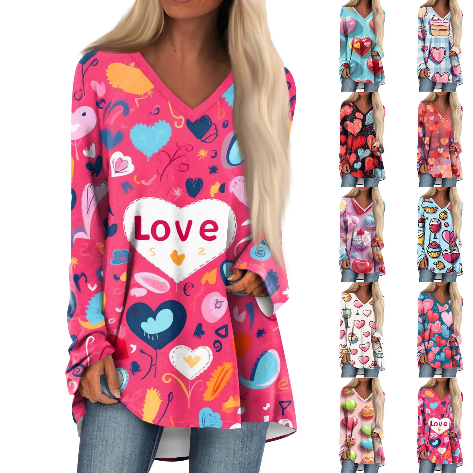 Valentines Spring Shirts for Women V Neck Long Sleeve Mid Length Tops ...