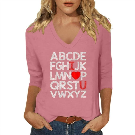 Valentines T Shirts for Women 3/4 Sleeved Fashion Love Heart Graphic V ...