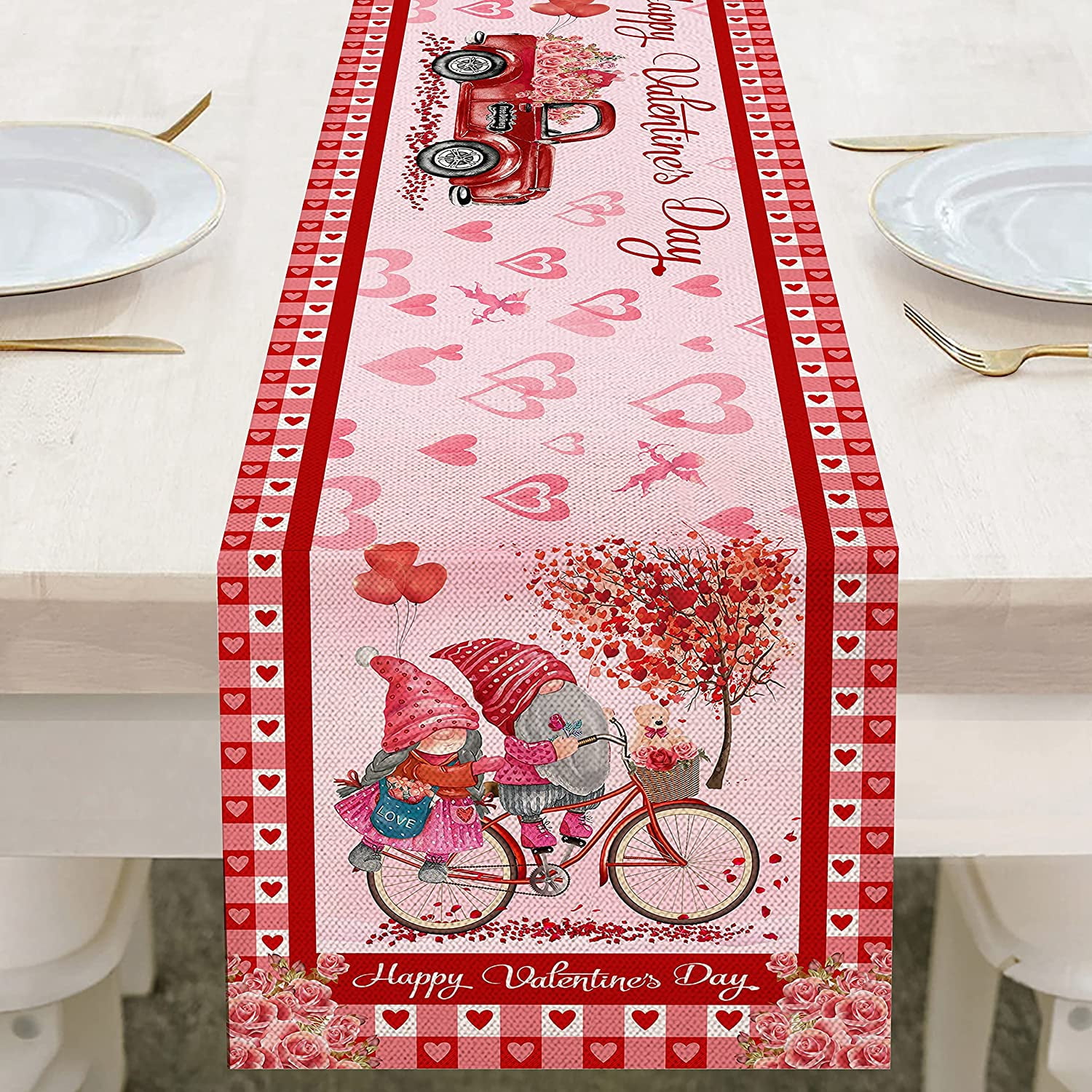 Valentines Table Runner 108 Inches, Happy Valentine''s Day Red Truck ...