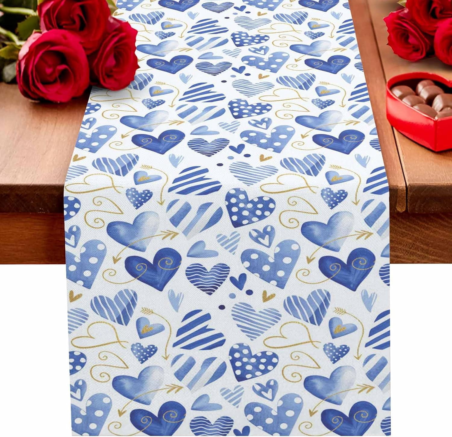 Valentines Table Runner Blue Love Heart Table Runners for Dining Room ...
