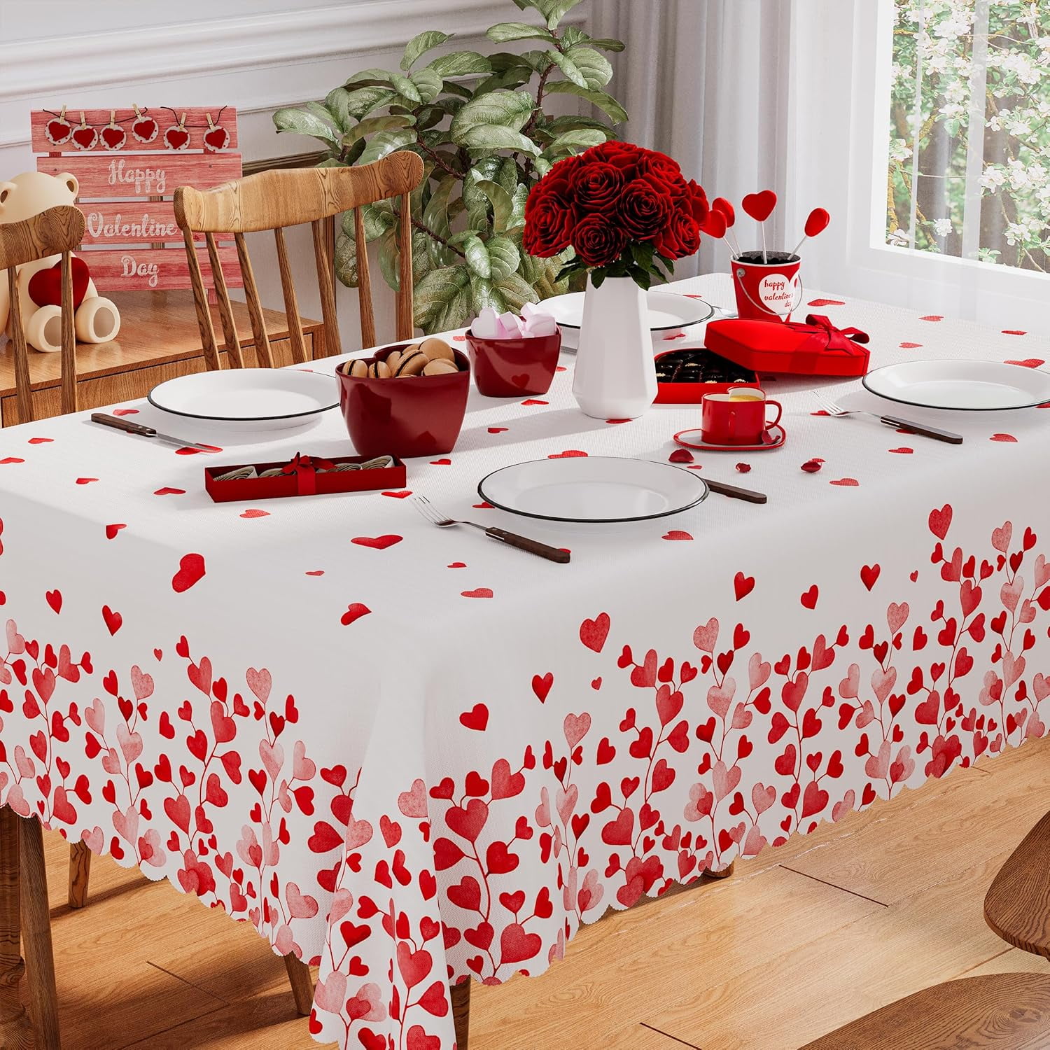 Valentines Tablecloth Rectangle 60x84 Inch, Washable Red Pink Love ...
