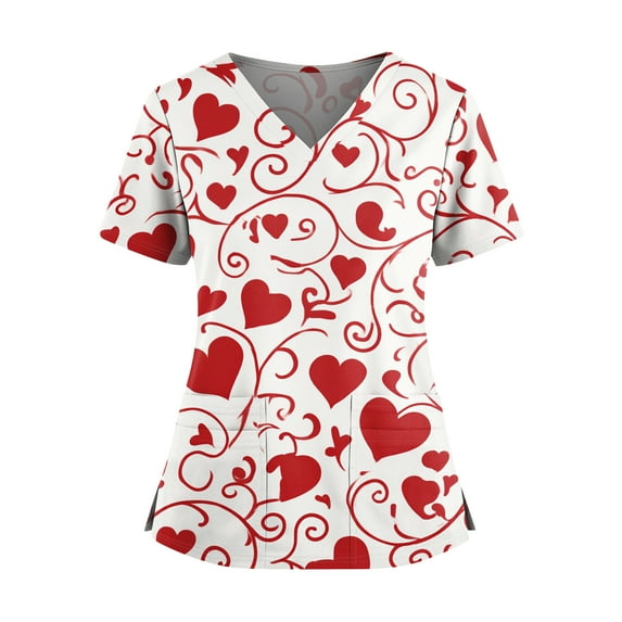 Valentines Tops for Women Heart Printed Stretchy Scrubs V Neck Short ...