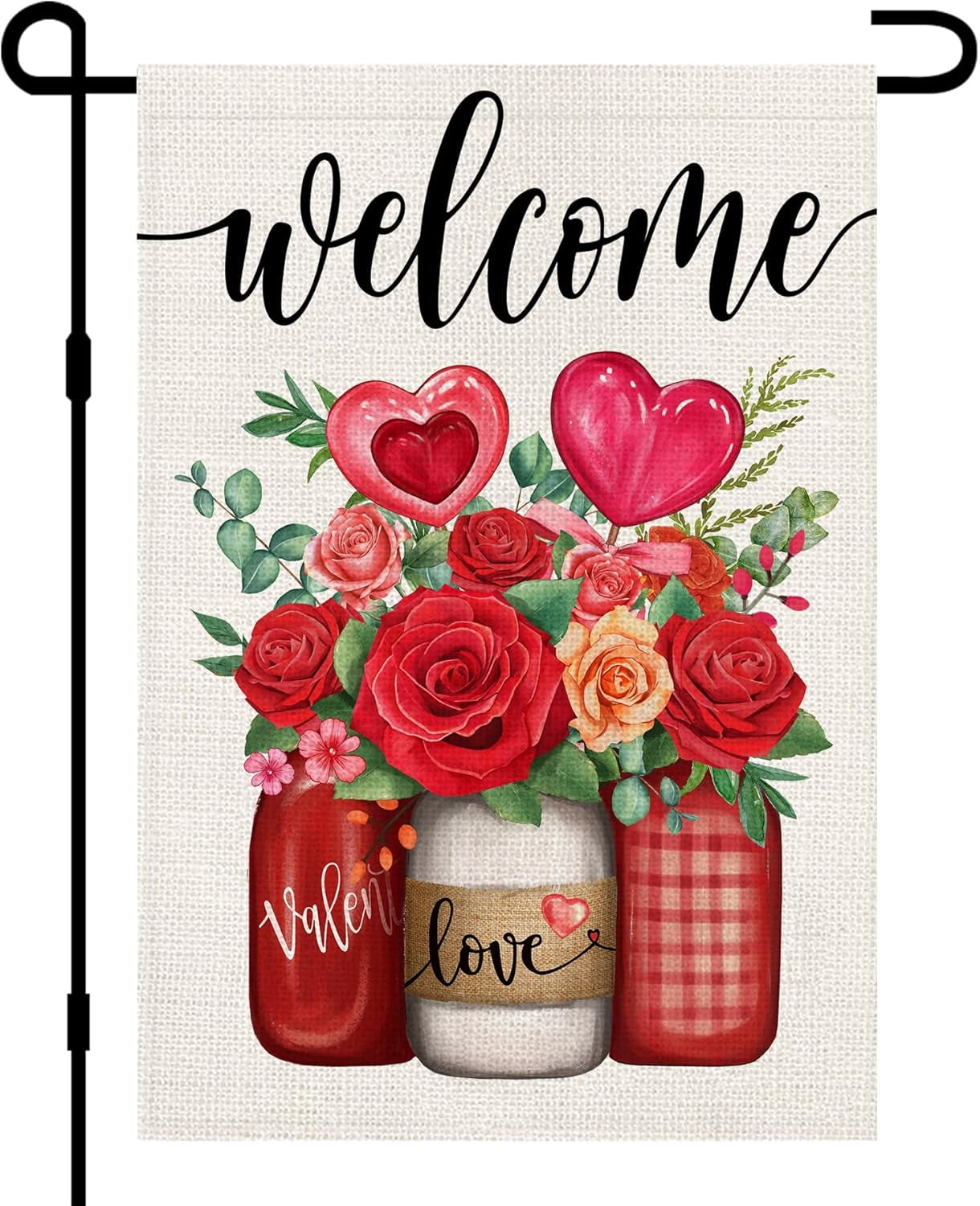 Valentines Welcome Garden Flags Double Sided Burlap, Red Love Heart ...