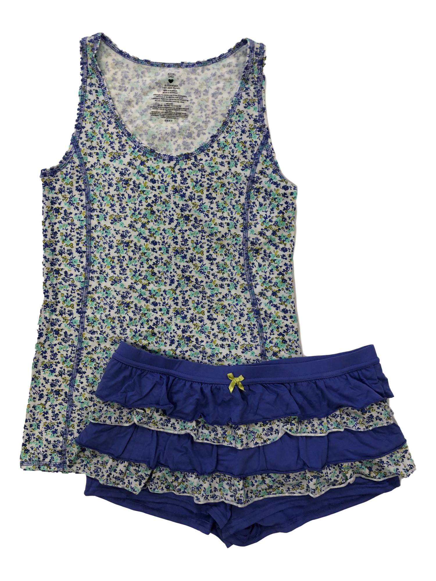 Valentines Womens Blue Floral Rhumba Shorts Tank Pajama Set Ruffle ...
