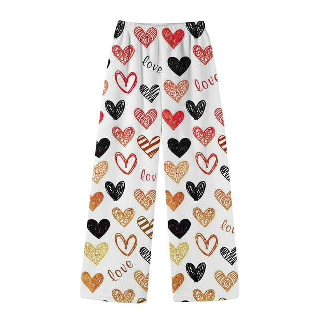Valentines Womens Flannel Pajama Pants Fluffy Plush Heart Print Pj ...