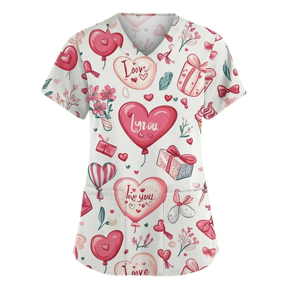 Valentines Womens Scrubs Tops Short Sleeve Graphtic Pink Red Scrub ...