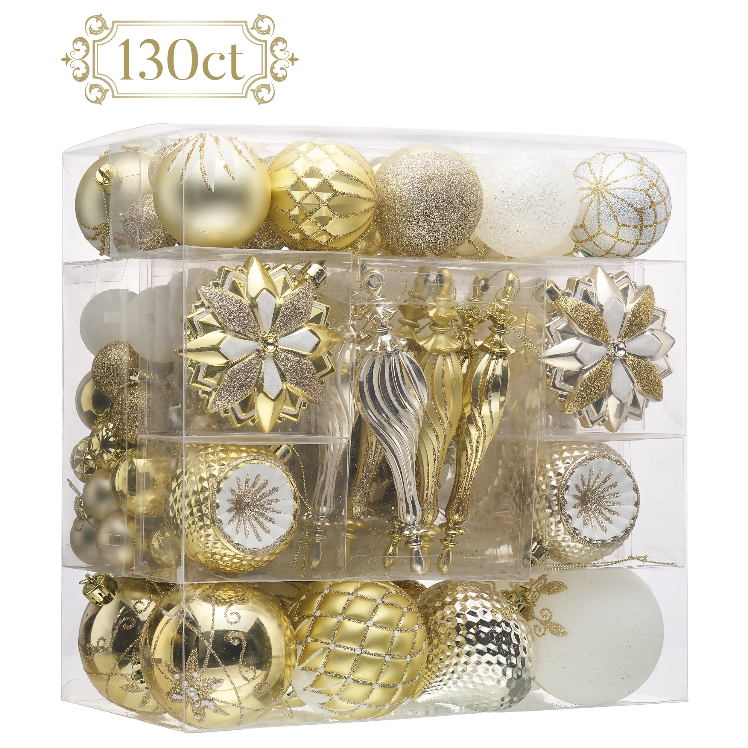 Valery Madelyn 130ct Luxury Gold White Christmas Ornaments, Shatterproof Christmas Tree ...