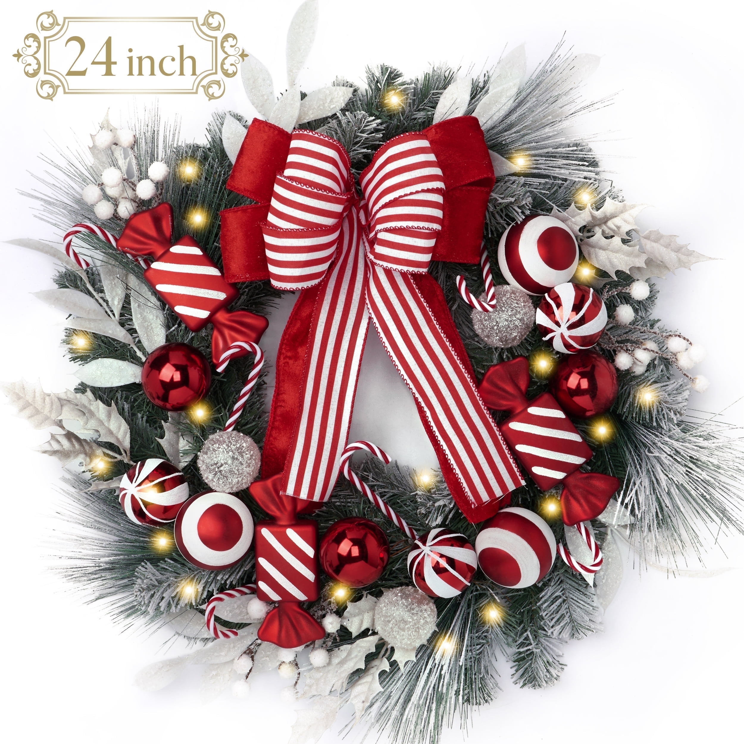 Valery Madelyn 24 inches Pre-Lit Christmas Wreath Red White Lighted ...