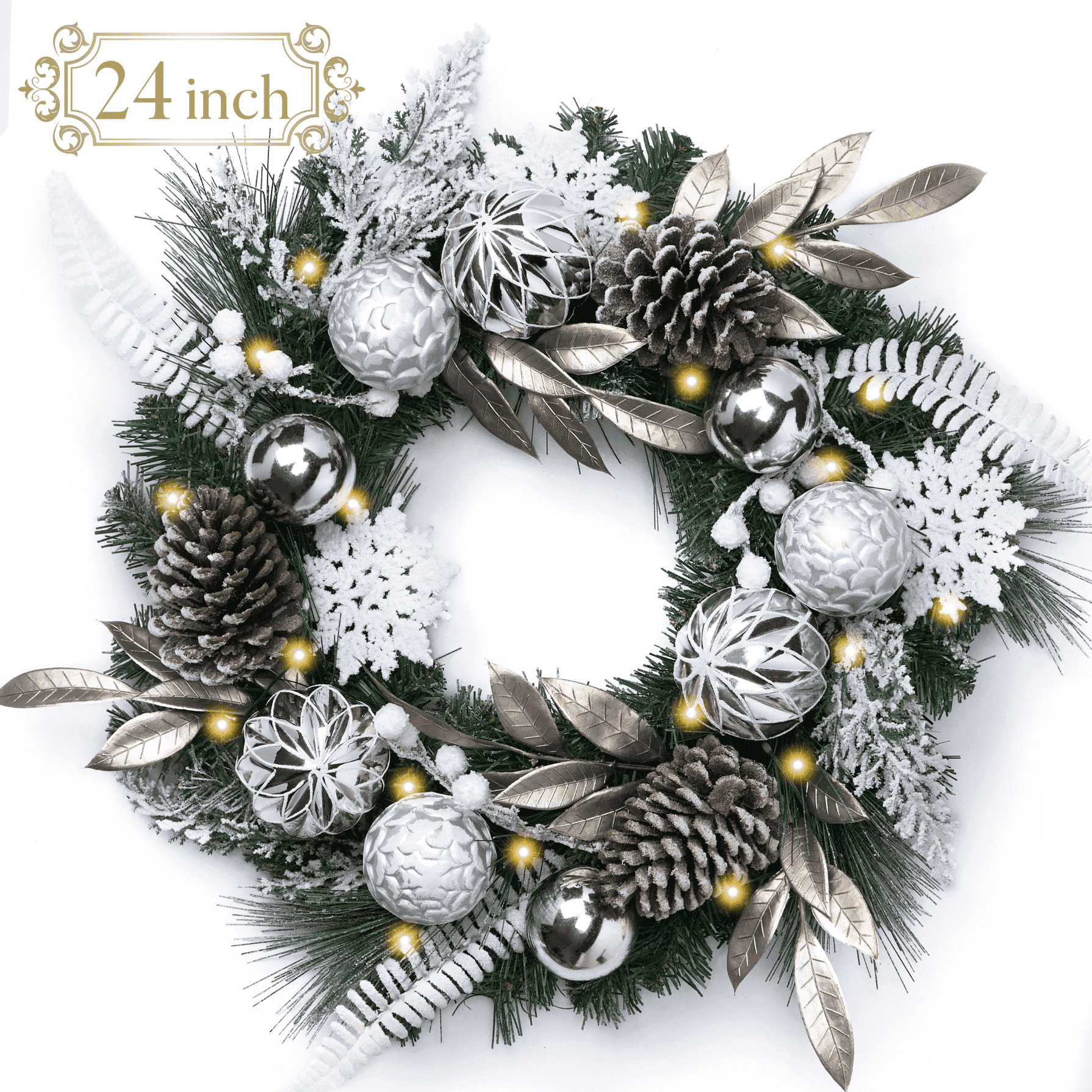 Valery Madelyn 24 inches Pre-Lit Christmas Wreath Silver White Lighted ...