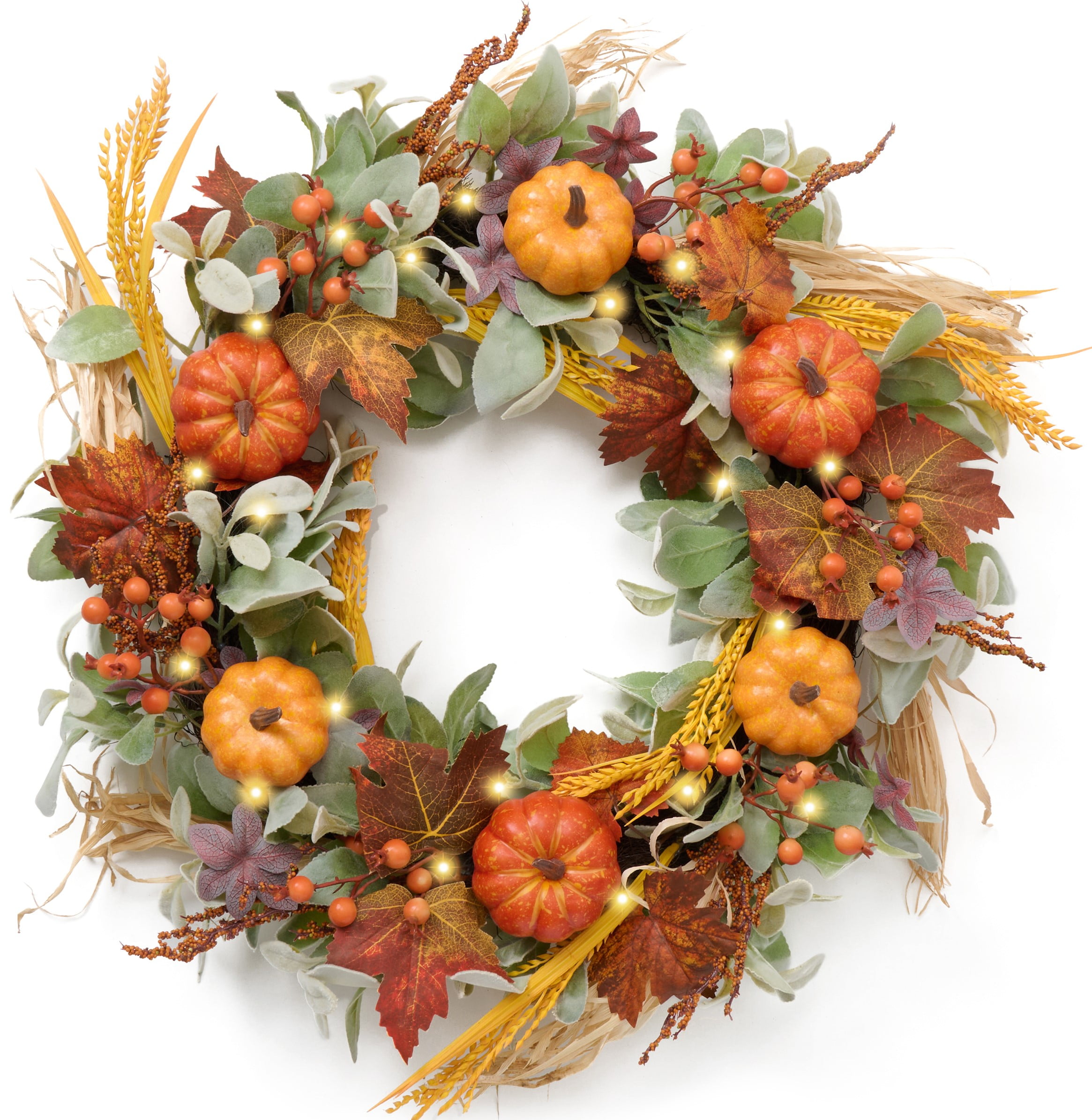 Valery Madelyn 24 Inches Pre-Lit Fall Wreath Lighted Harvest Wreath ...