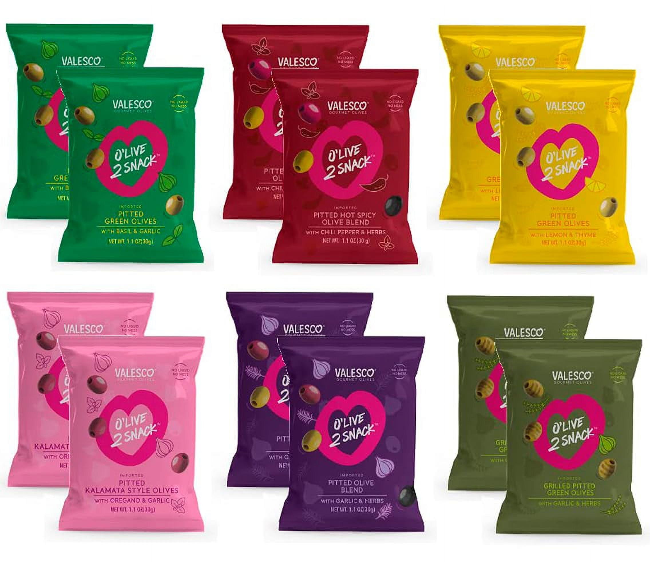 Valesco O Live 2 Snack Pitted Olives Variety Pack 6 Flavors 1 Oz 12