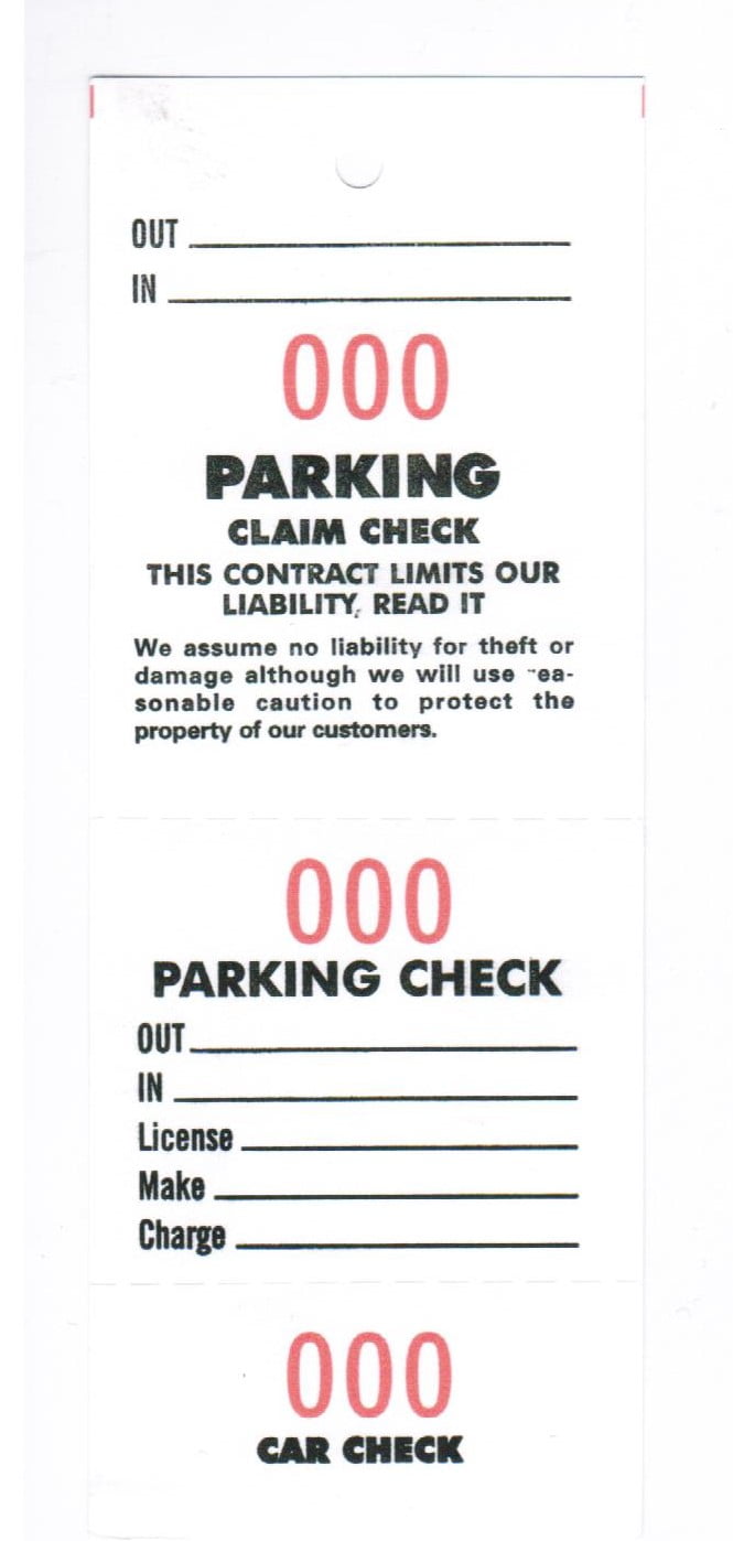 Valet PARKING CLAIM CHECK Tag w Liability Clause, White Stock Printed ...