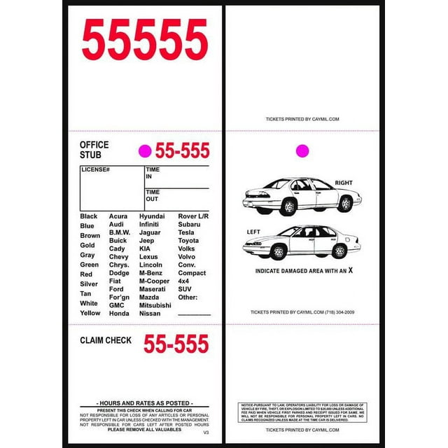 Valet Parking Tickets 3-Part 1,000 with Free Parking Receipts (Various ...