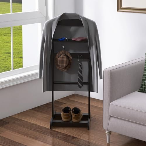Valet Stand for Men, Wooden Valet Stand with Cloth Hanger, Top Tray ...