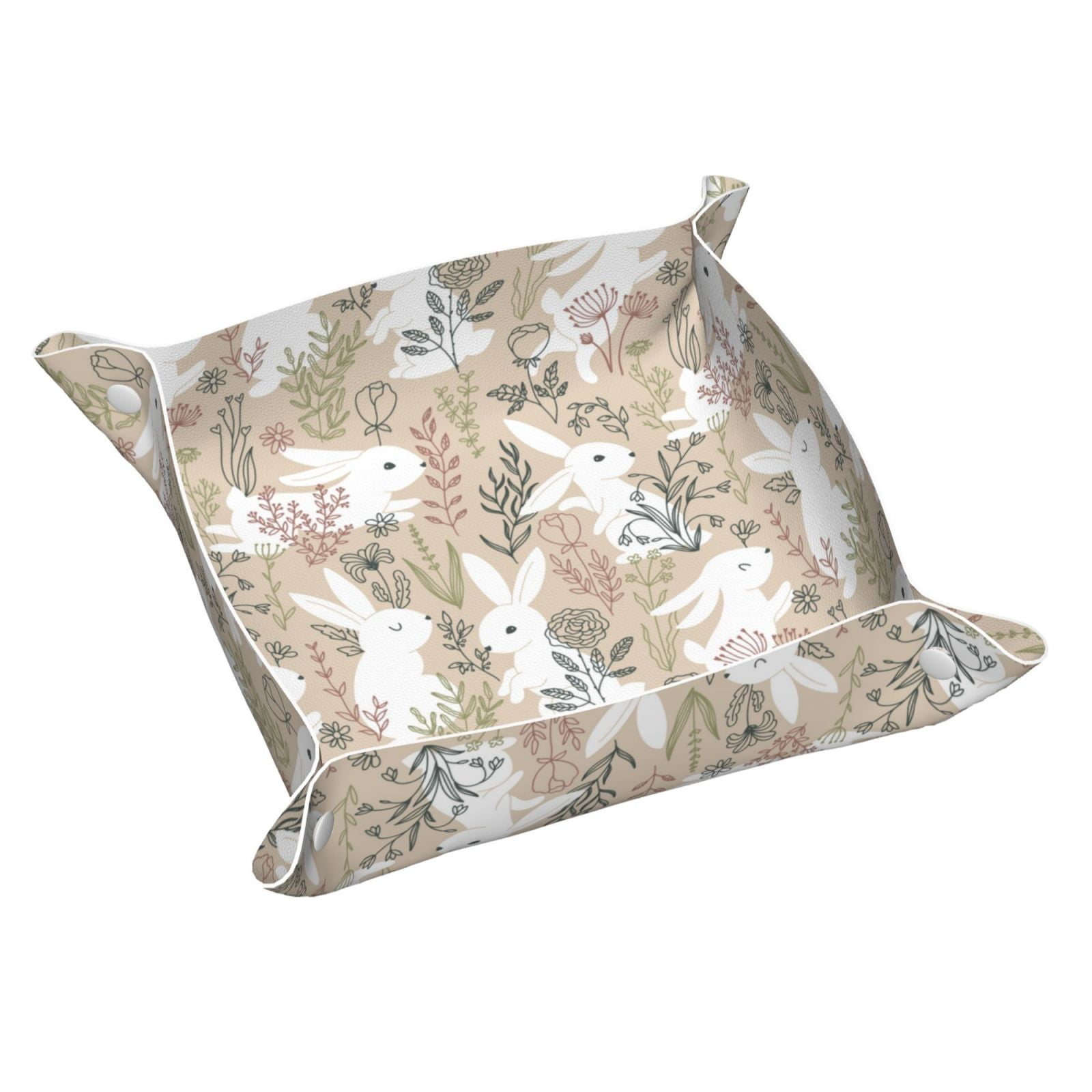 Valet Tray, Bohemian Flower Cute Rabbit White Faux Leather Desk Tray ...