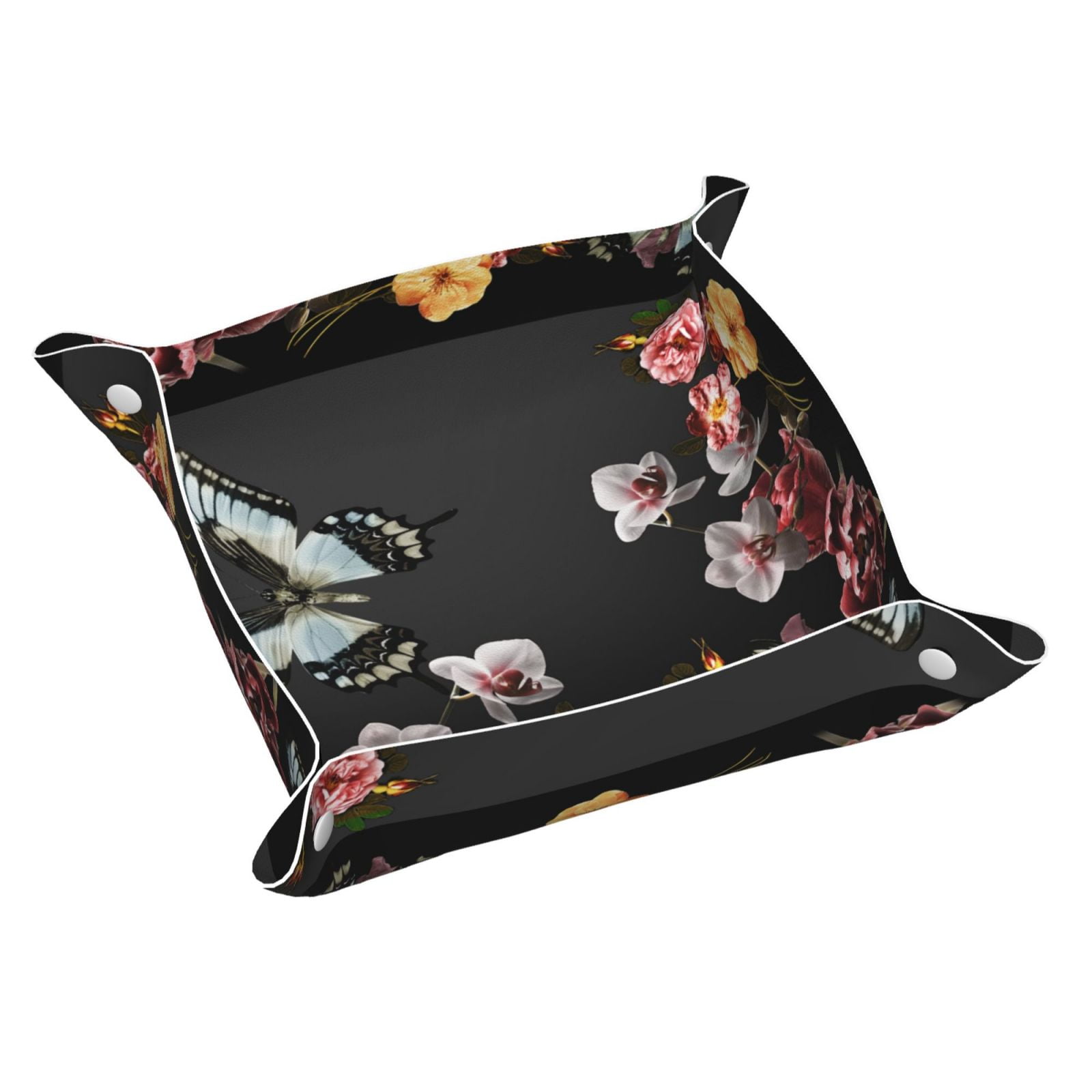 Valet Tray, Butterfly with Fowers Faux Leather Desk Tray Vanity Tray ...