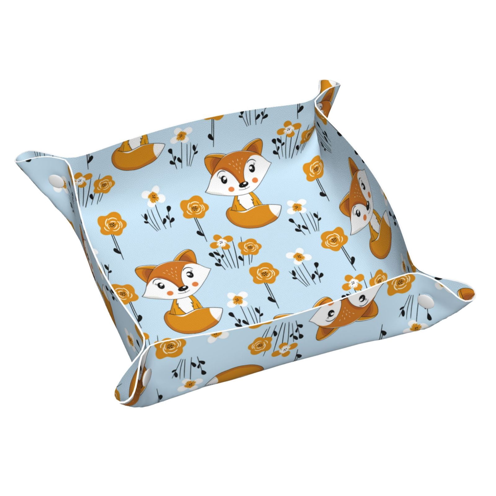Valet Tray, Cartoon Flower Fox Blue Faux Leather Desk Tray Vanity Tray ...