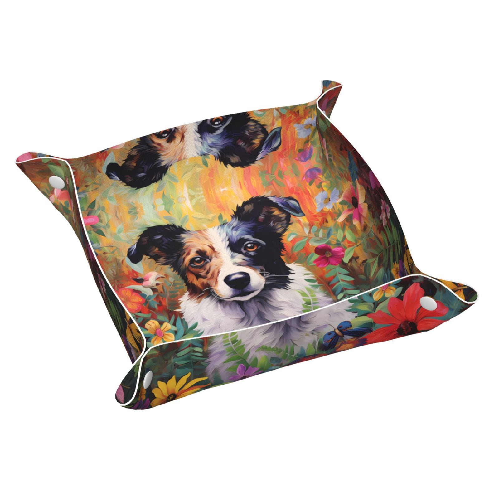 Valet Tray, Colorful Flower Dog Faux Leather Desk Tray Vanity Tray ...