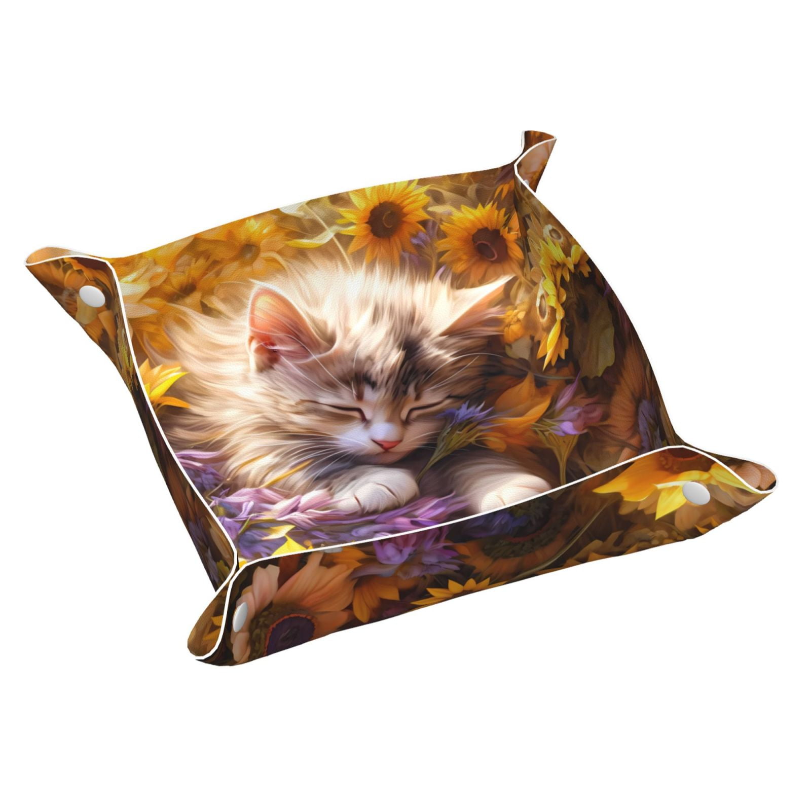 Valet Tray, Cute Cat Sunflower Faux Leather Desk Tray Vanity Tray Night ...