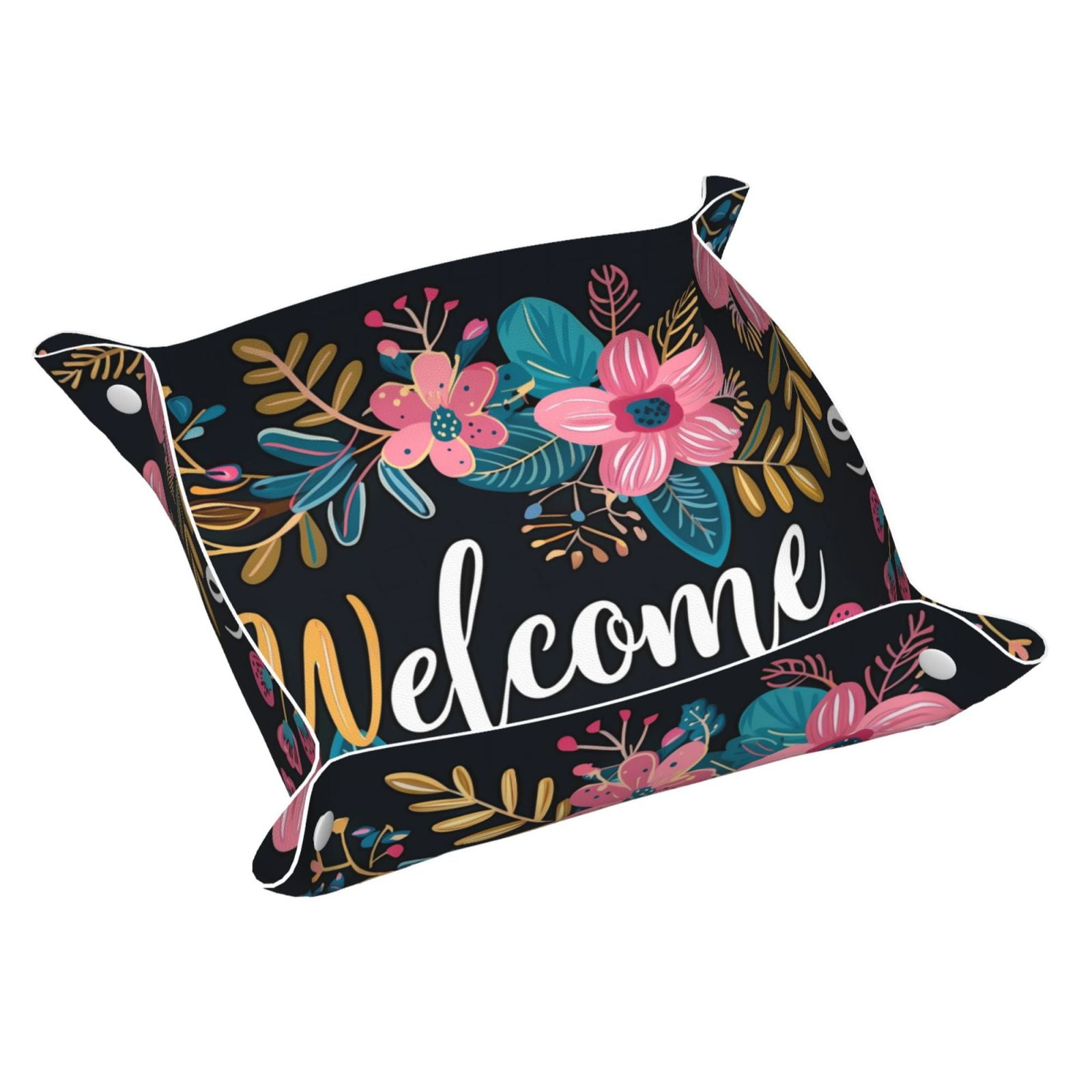Valet Tray, Floral Welcome Sign Faux Leather Desk Tray Vanity Tray ...